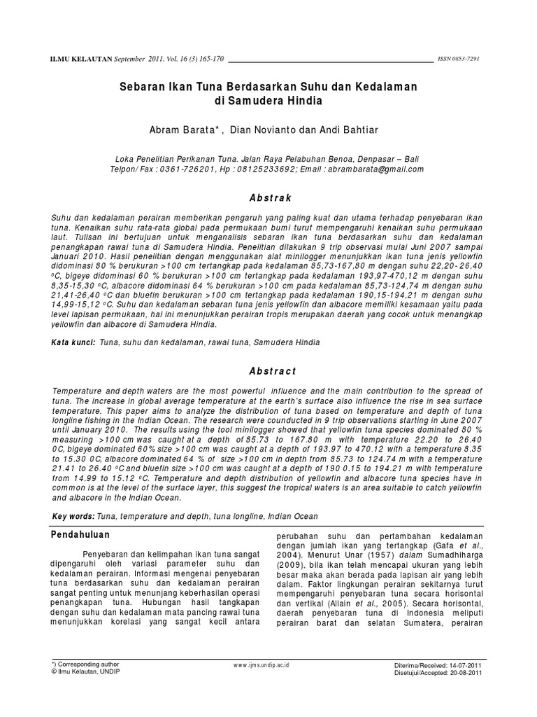 Sebaran Ikan Tuna Berdasarkan Suhu Dan Kedalaman Di Samudera Hindia PDF | PDF
