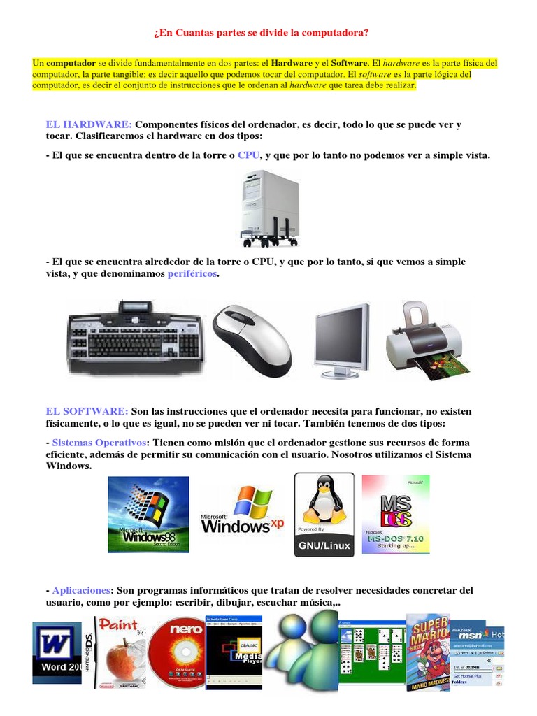 Las dos partes fundamentales de una computadora: hardware y software | PDF