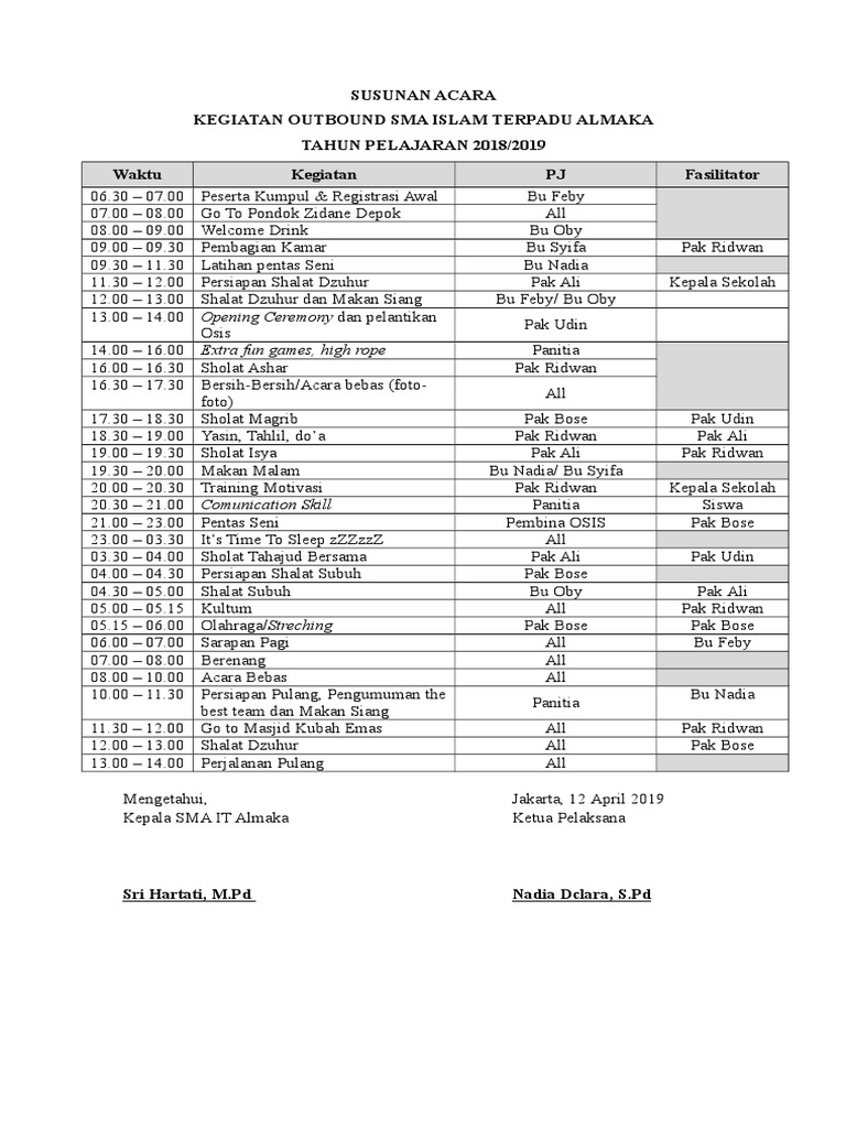 Susunan Acara Kegiatan Outbound Sma Islam Terpadu Almaka TAHUN ...