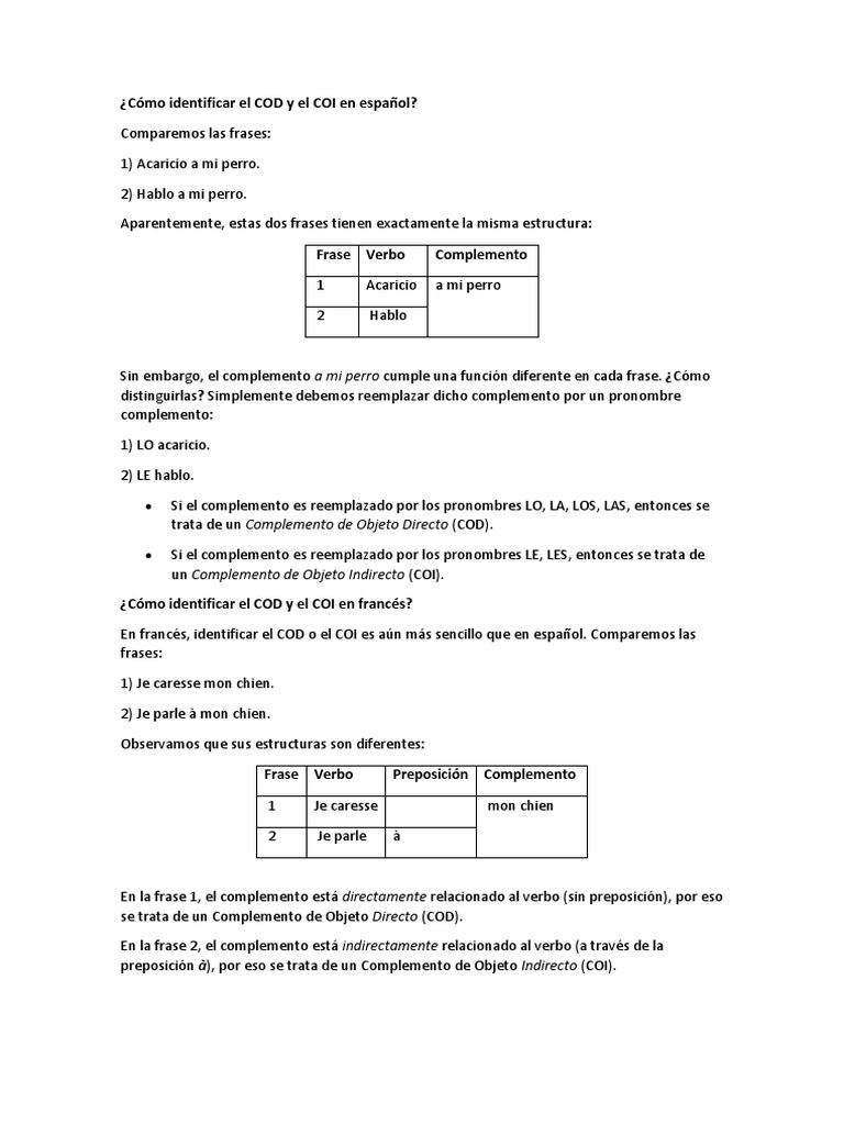 Cómo Identificar El COD y El COI en Español | PDF | Objeto (gramática ...