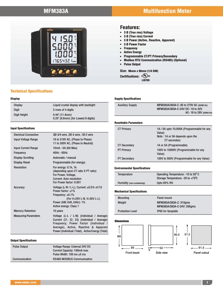 Multifunction Meter MFM383A | PDF | Alternating Current | Electronics