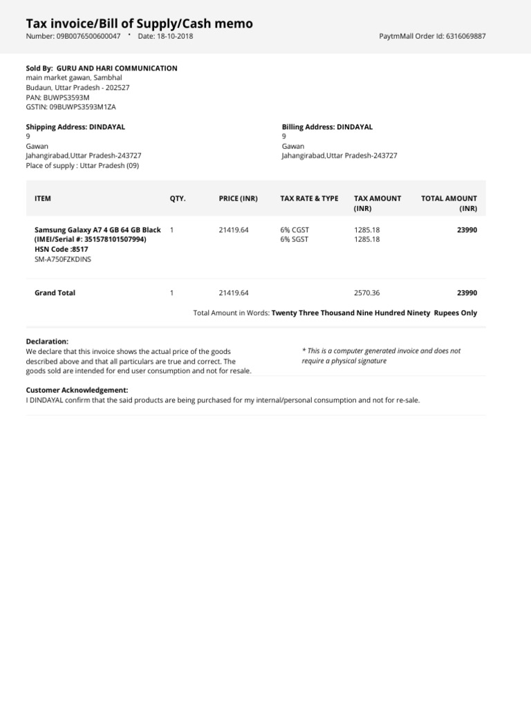 Invoice for Samsung Galaxy A7 Purchase | PDF