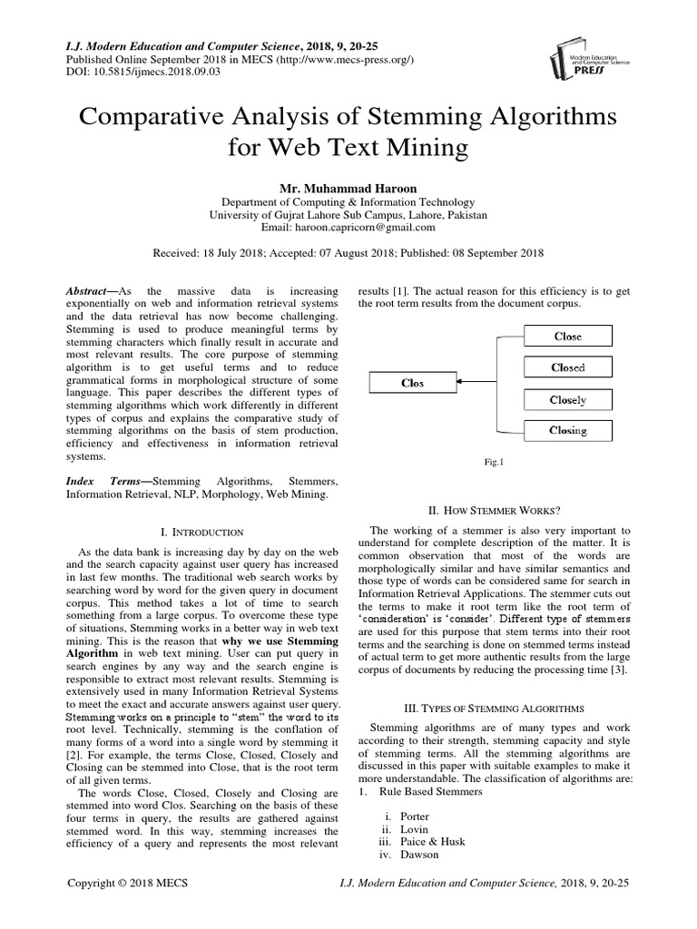 Comparative Analysis Of Stemming Algorithms For Web Text Mining Pdf Information Retrieval