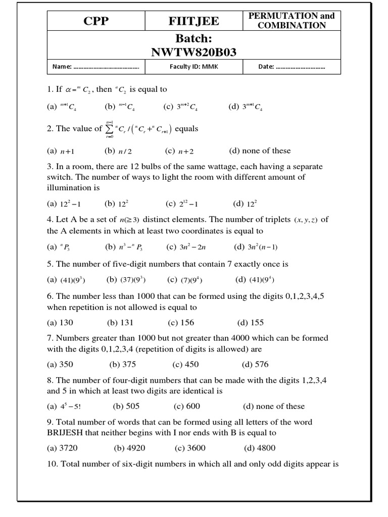 CPP Fiitjee Batch: NWTW820B03: C C C C C C | PDF | Voting | Discrete Mathematics