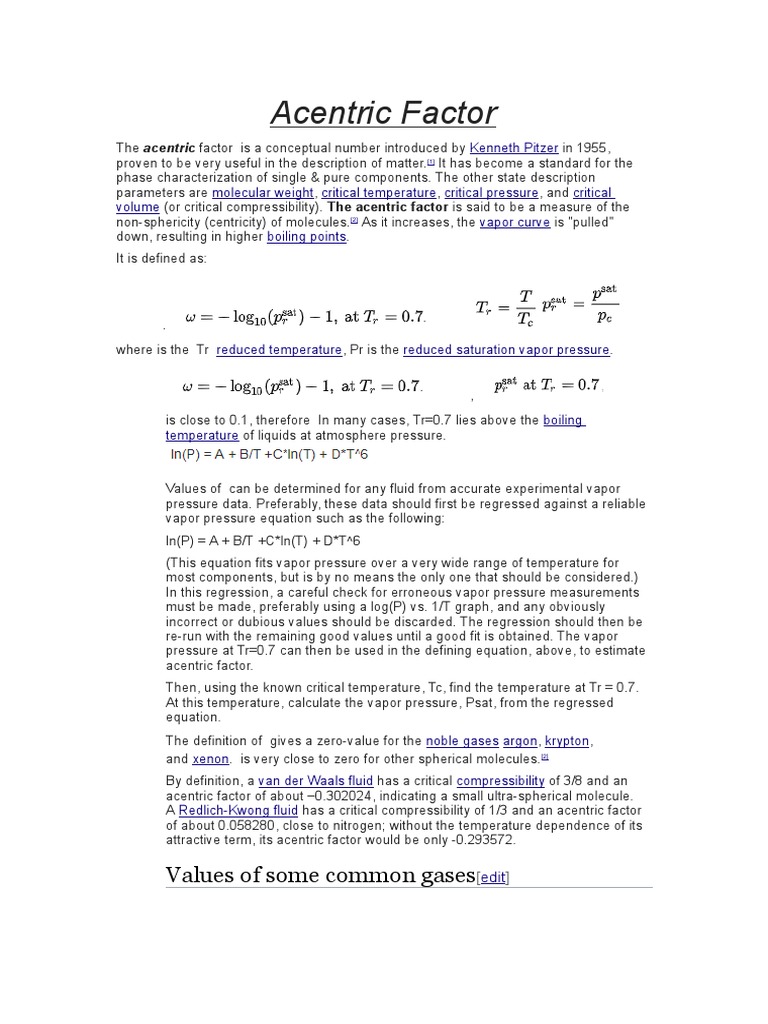 Acentric Factor: Values of Some Common Gases | PDF | Applied And ...