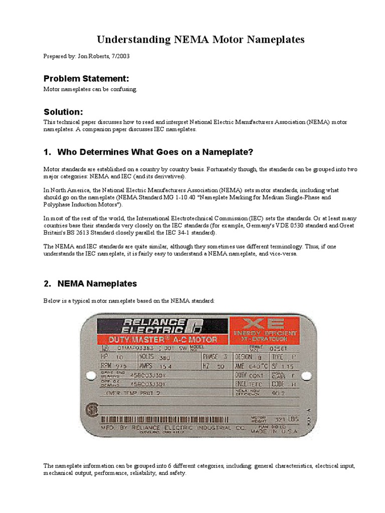 Understanding NEMA Motor Nameplates: Problem Statement | PDF | Electric ...