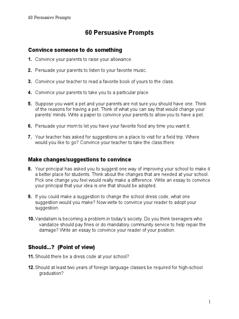 60 Persuasive Prompts | PDF | Essays | Teachers