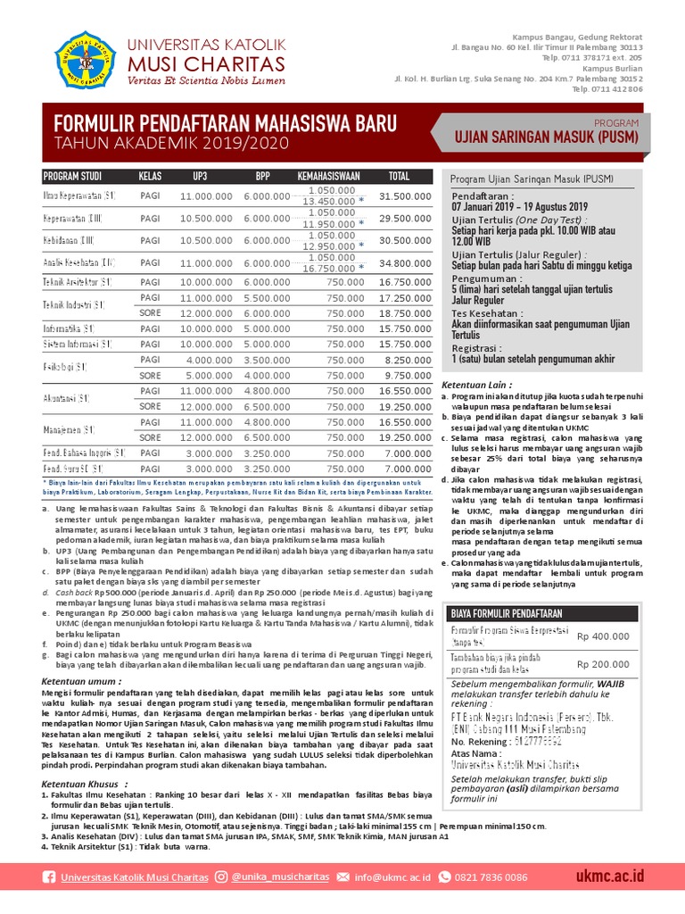 Formulir Pendaftaran PMB 2019 - 2020 (Program Reguler) PDF | PDF