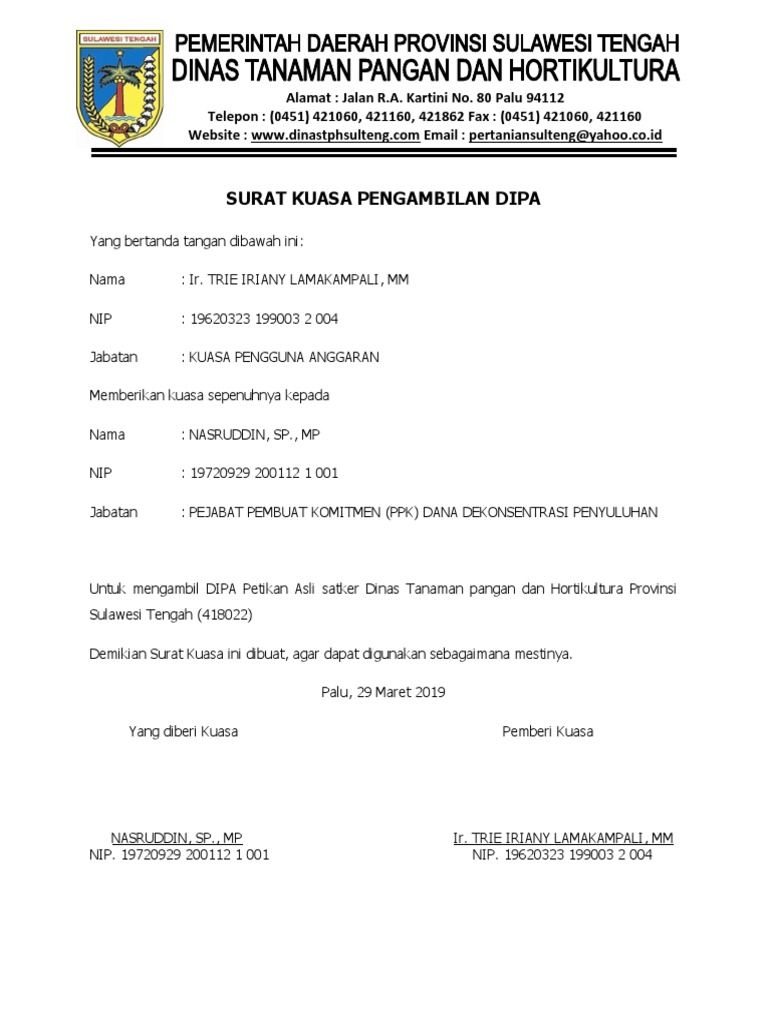 Surat Kuasa Pengambilan DIPA 2019 | PDF