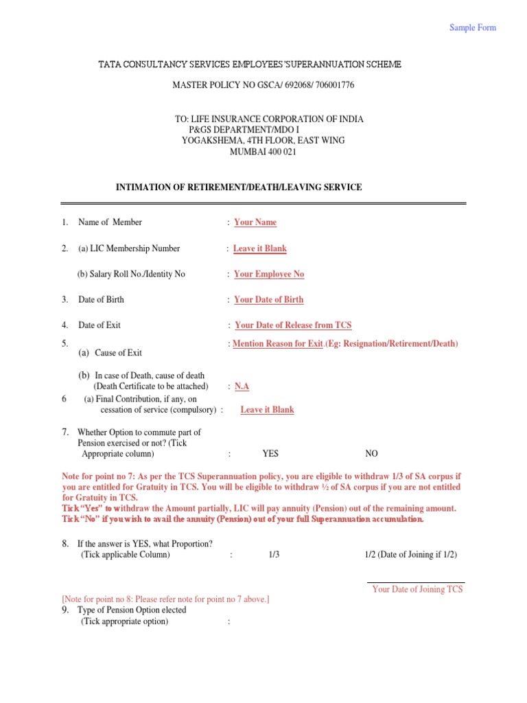 Intimation of Retirement/Death/Leaving Service: Sample Form | PDF ...