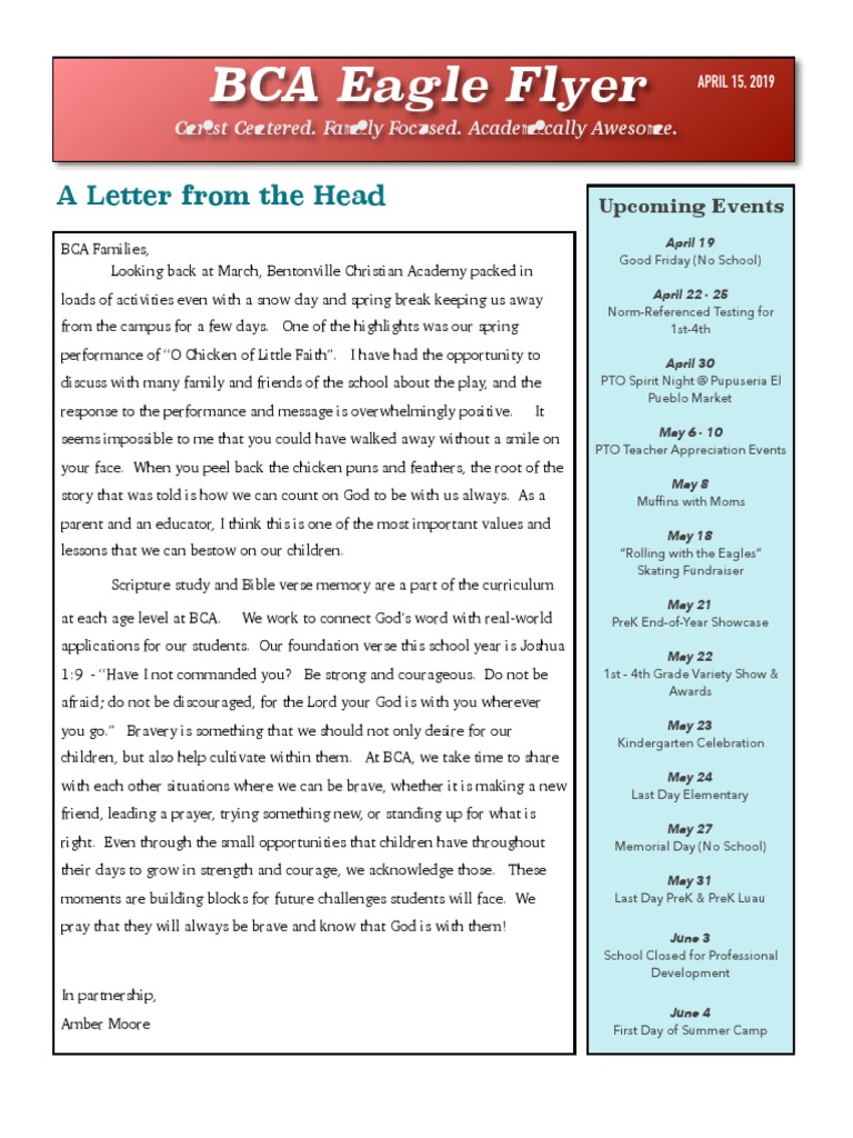 BCA Eagle Flyer: A Letter From The Head | PDF | Behavior Modification ...