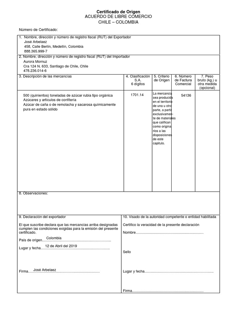 Certificado de Origen Colombia - Chile | PDF | Azúcar | Dieta y nutrición