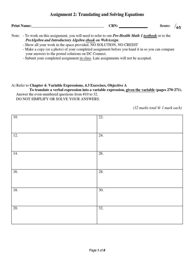 Assignment 2 Translating and Solving Equations Fall 2018 | PDF ...