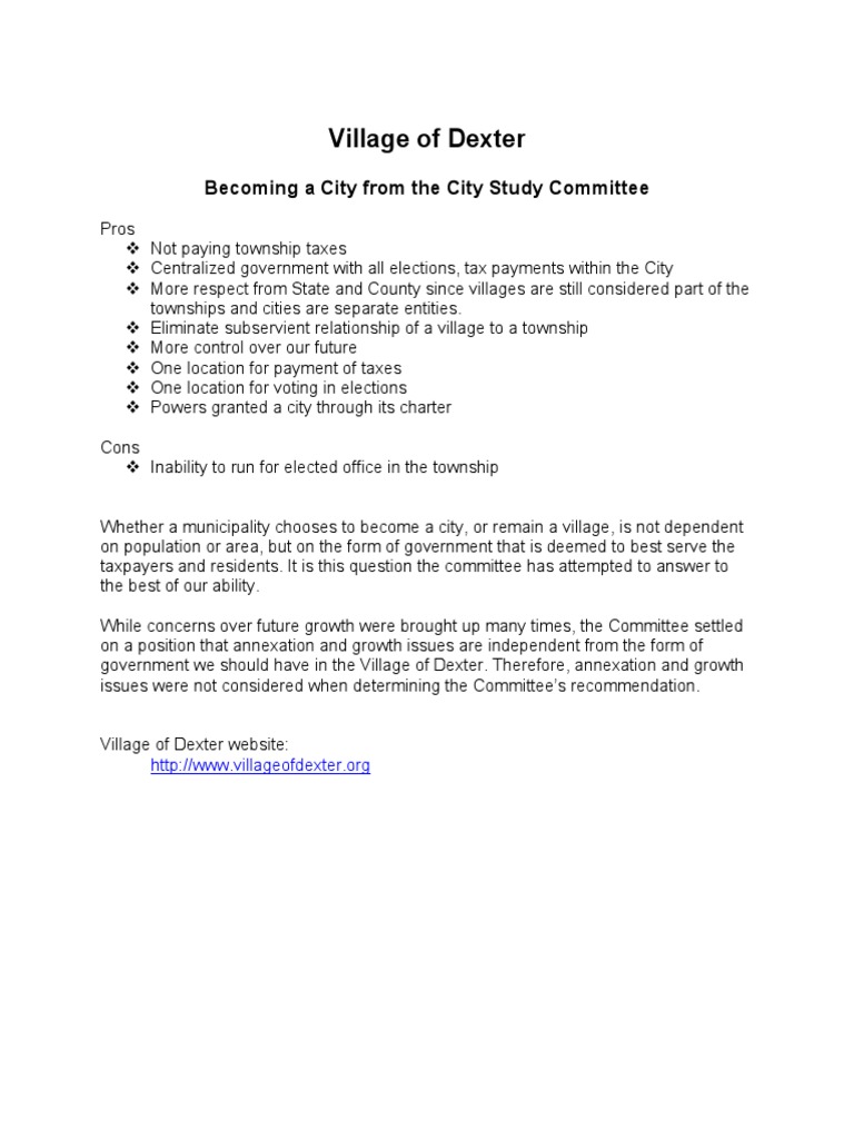 Dexter Pros and Cons of Becoming A City | PDF