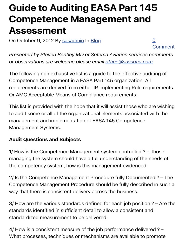 Guide To Auditing EASA Part 145 Competence Management and Assessment ...