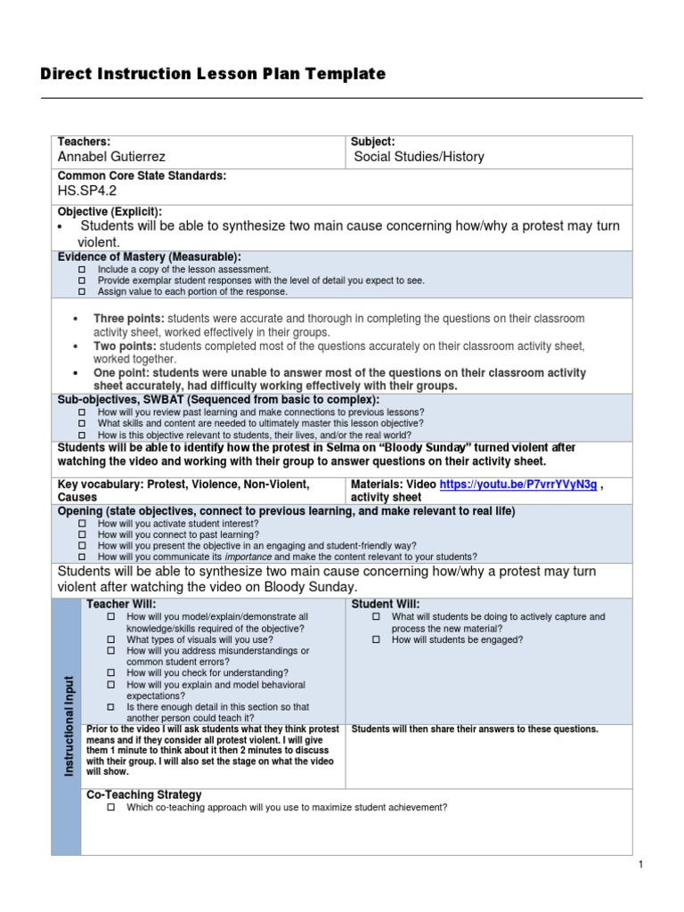 Direct Instruction Lesson Plan Template: Activity Sheet, Worked ...