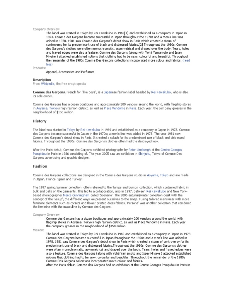 CDG Company Overview | PDF | Fashion | Clothing