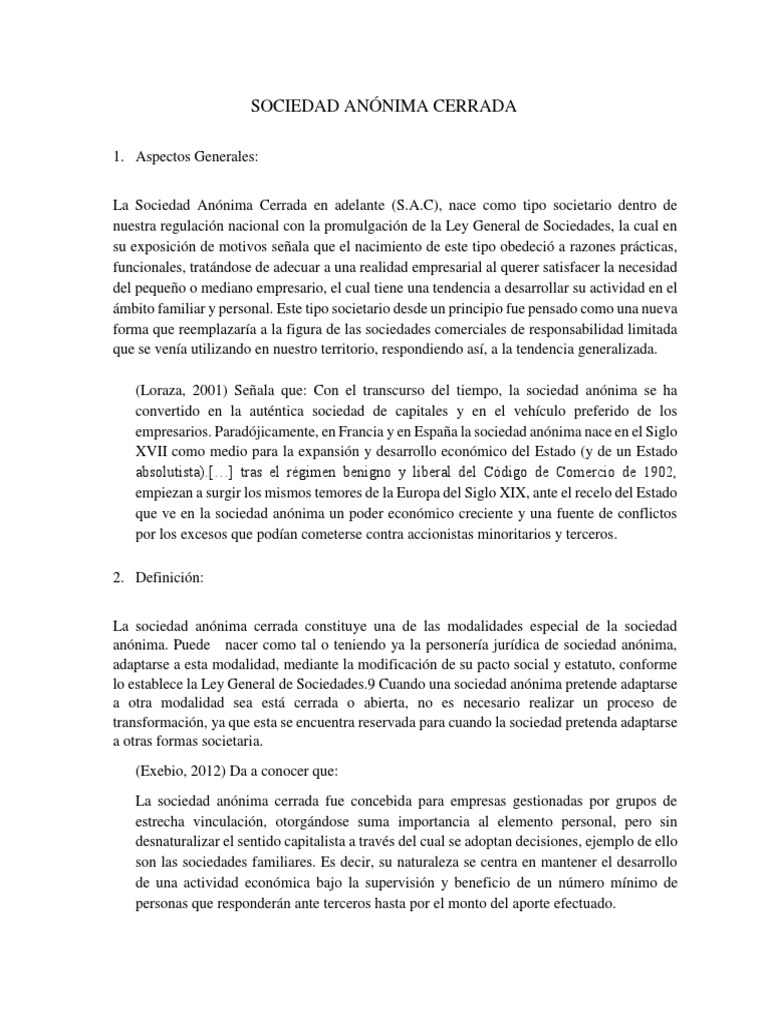 Sociedad Anónima Cerrada | PDF | Compartir (Finanzas) | Sociedad de responsabilidad limitada