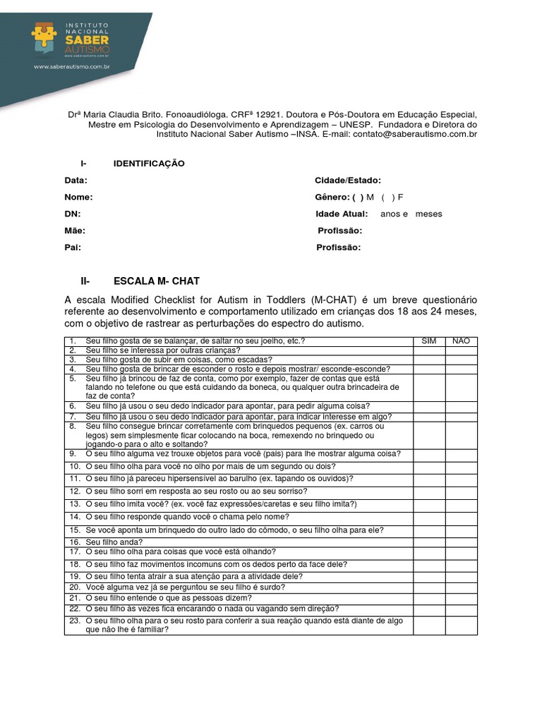 M Chat | PDF | Brinquedos | Autismo