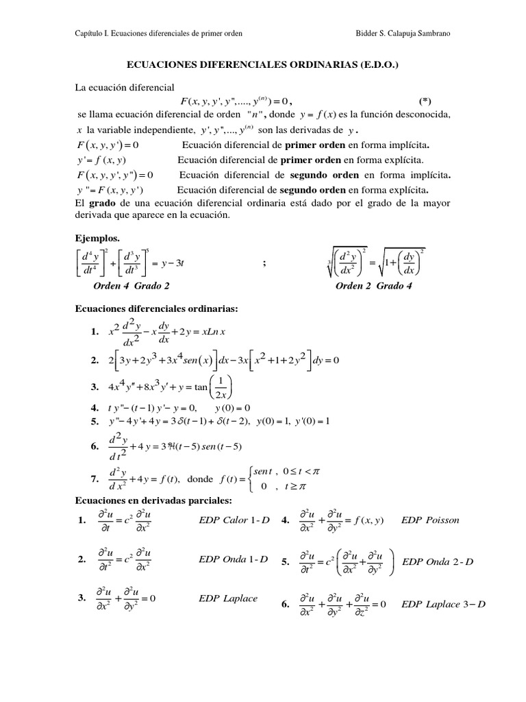 Formulario Cap 1 de Ecuaciones Diferenciales Ordinarias | Ecuaciones diferenciales | Ecuaciones