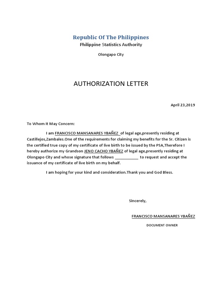 PSA Birth Certificate Authorization Letter | PDF