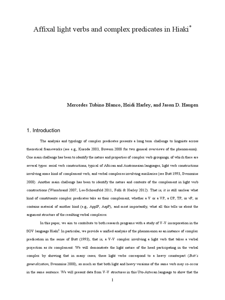 Affixal Light Verbs and Complex Predicat PDF | PDF | Clause | Subject (Grammar)