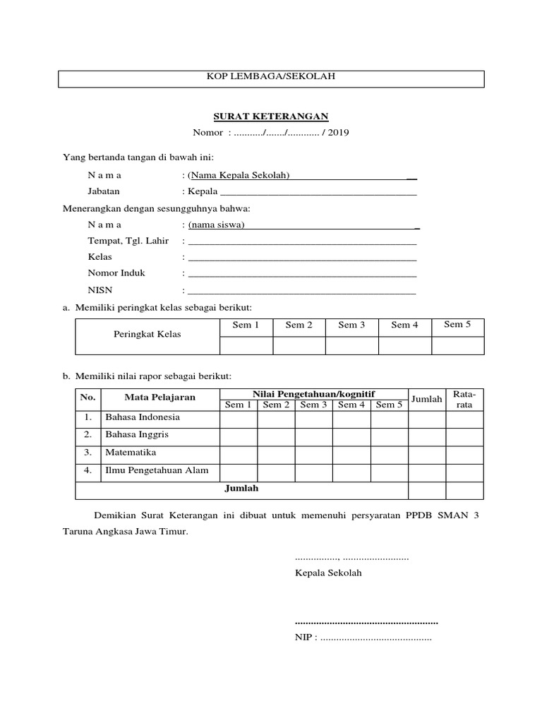 Format Surat Keterangan Peringkat Kelas & Nilai Rapor | PDF