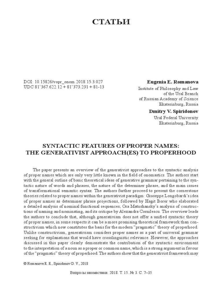 Syntactic Features of Proper Names: The Generativist Approach (Es) To ...
