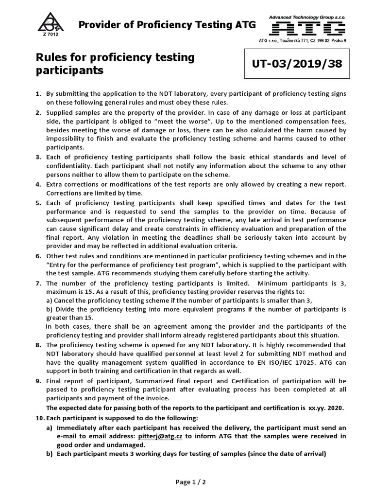 Rules For Proficiency Testing Participants UT-03/2019/38 | PDF ...