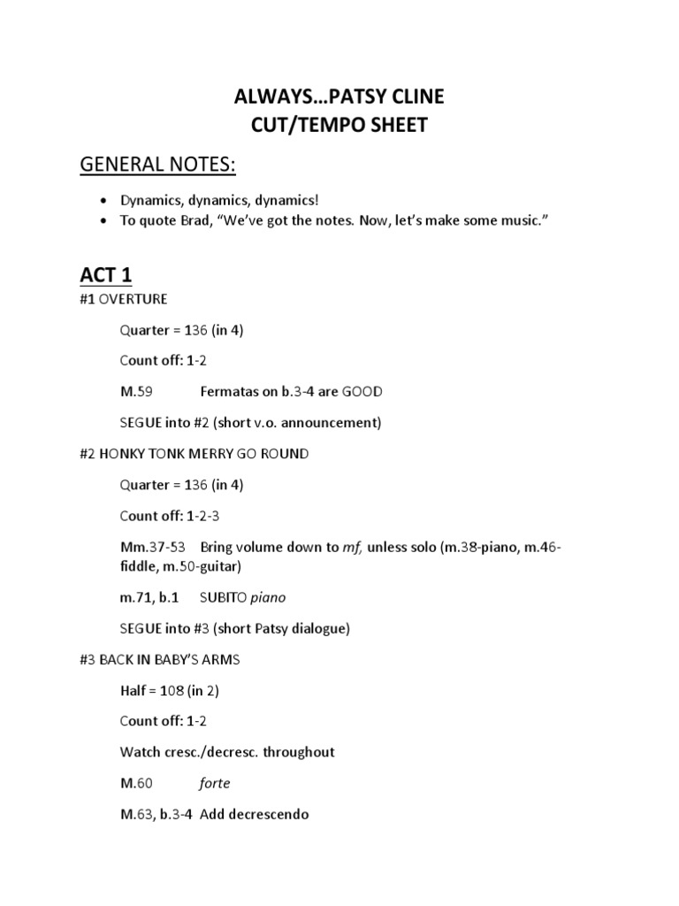 Patsy Cline - Cut and Tempo Sheet | Download Free PDF | Music Theory ...