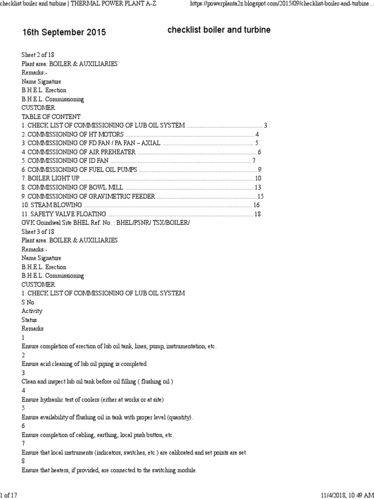 Checklist Boiler and Turbine | PDF | Boiler | Pump