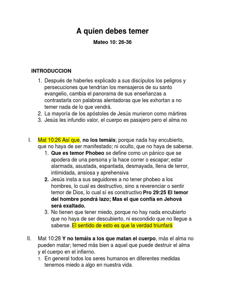 A quién temer según Mateo 10:26-36 | PDF | Temor | Dios