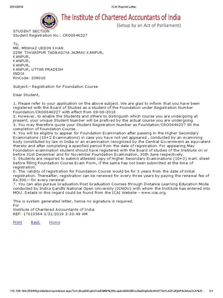 ICAI Reprint Letter | PDF | Learning | Behavior Modification