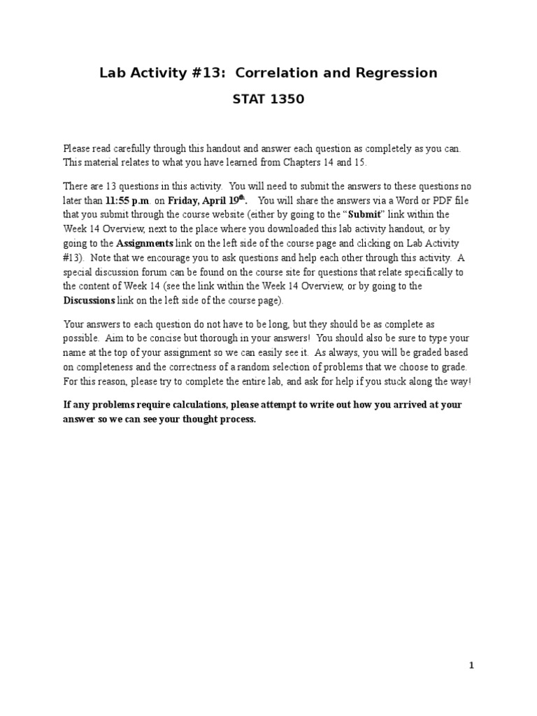 Lab13 Correlation and Regression Sp19 Online | PDF | Correlation And Dependence | Regression ...