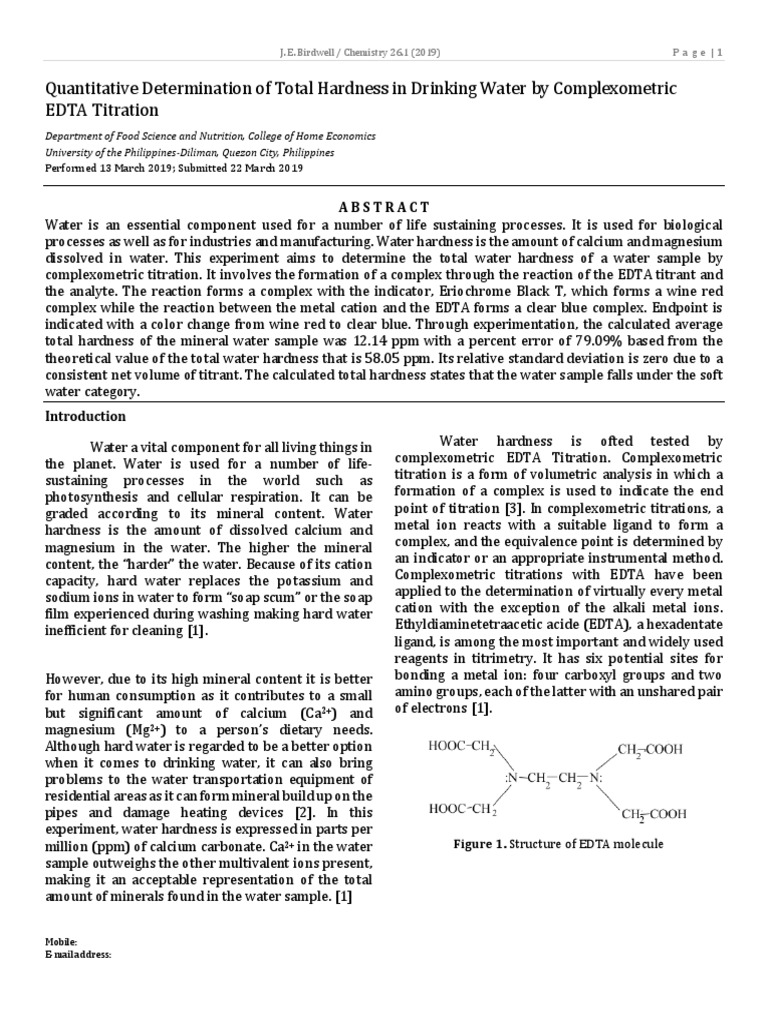 EDTA Titration for Water Hardness Analysis | PDF | Titration | Chemistry