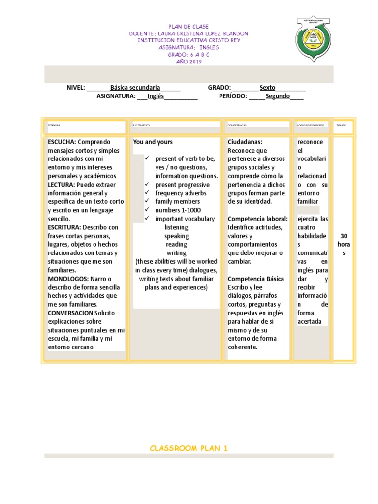 Plan de Clase Grado Sexto Ingles Segundo Periodo 2019 | PDF | Idiomas