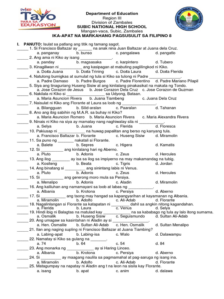 Filipino 8 4th Grading Exam | PDF