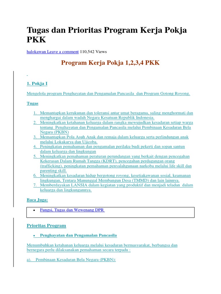 Tugas Dan Prioritas Program Kerja Pokja PKK | PDF