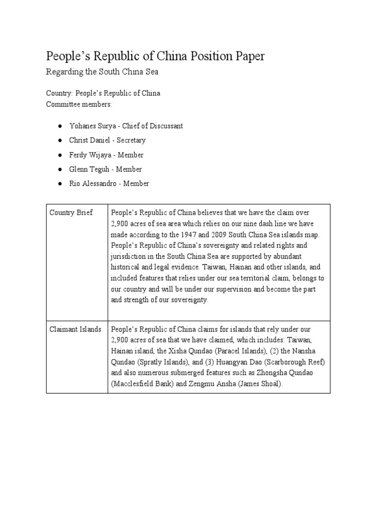 Position Paper China | PDF | South China Sea | Global Politics