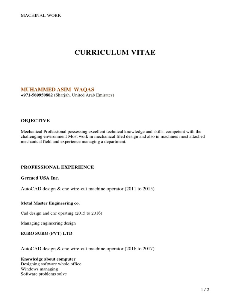 Curriculum Vitae: Muhammed Asim Waqas | PDF | Numerical Control | Engineering