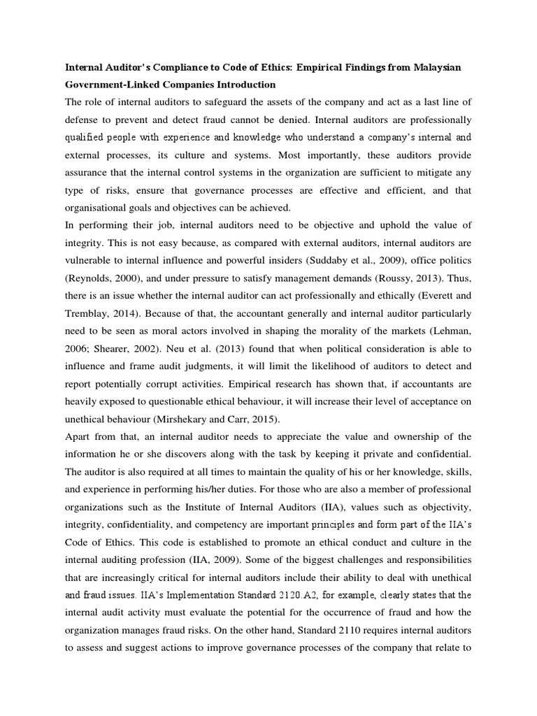 Internal Auditor's Compliance To Code of Ethics: Empirical Findings ...