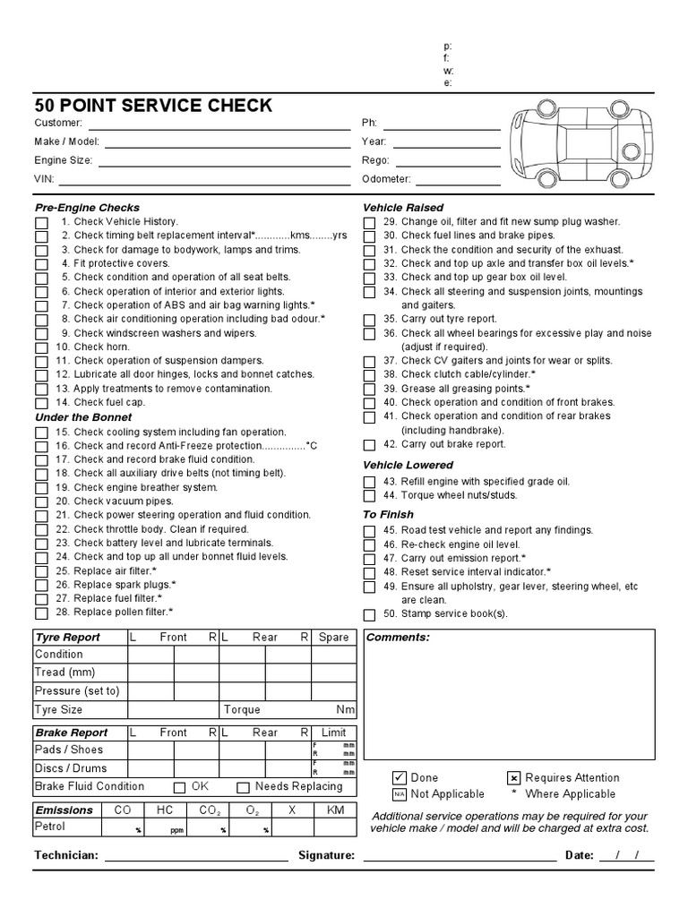 50 Point Service Check | PDF | Brake | Motor Oil