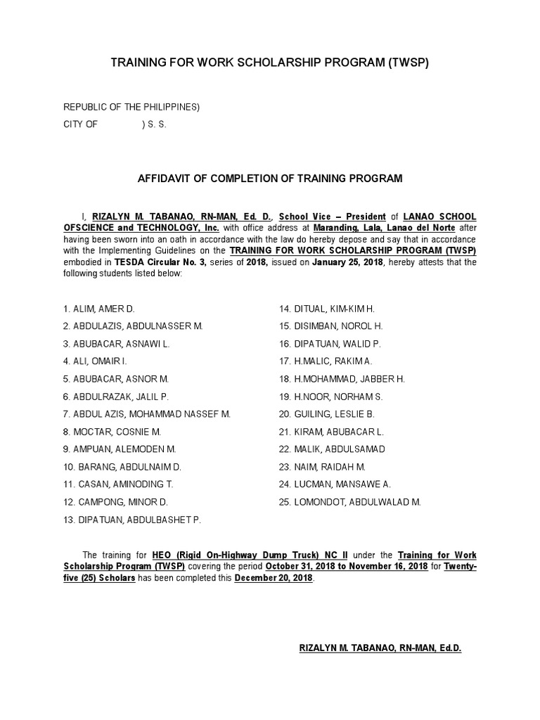 Affidavit of Completion of Training Program (TWSP-LDS) | PDF ...