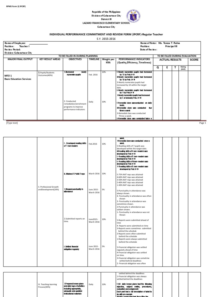 Individual Performance Commitment and Review Form (Ipcrf) - Regular ...