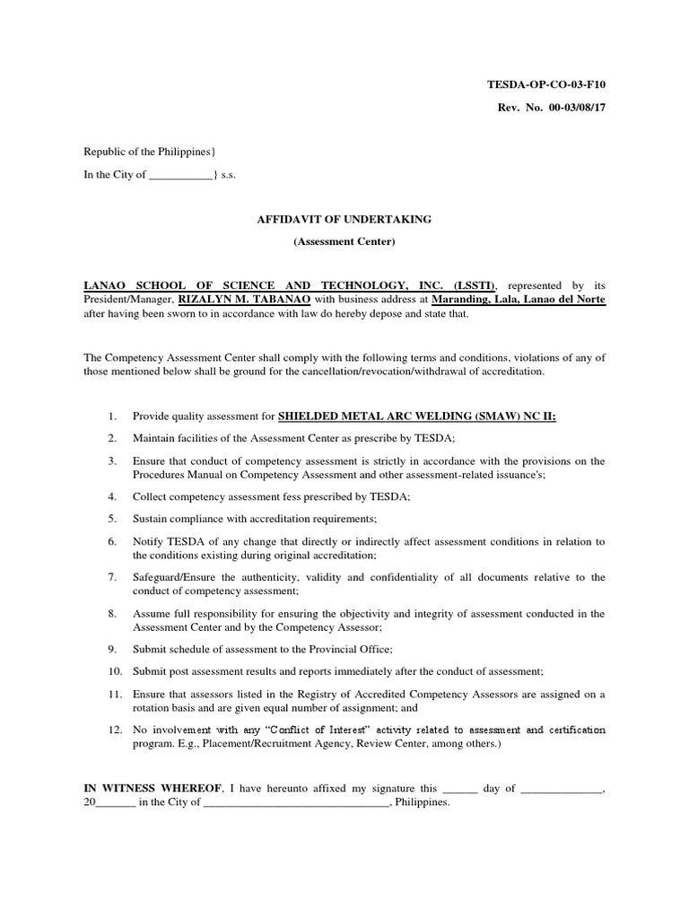 TESDA Affidavit of Undertaking Template | PDF | Identity Document ...