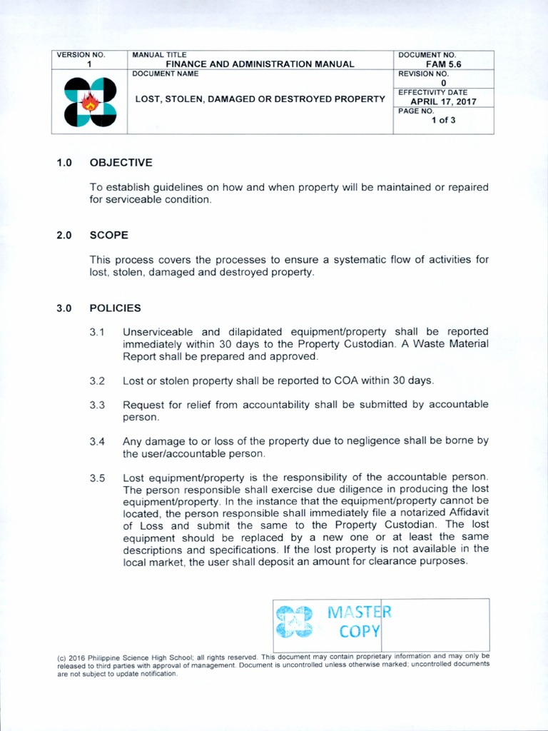 FAM 5.6 Lost Stolen Damaged or Destroyed Property Rev0 PDF | PDF