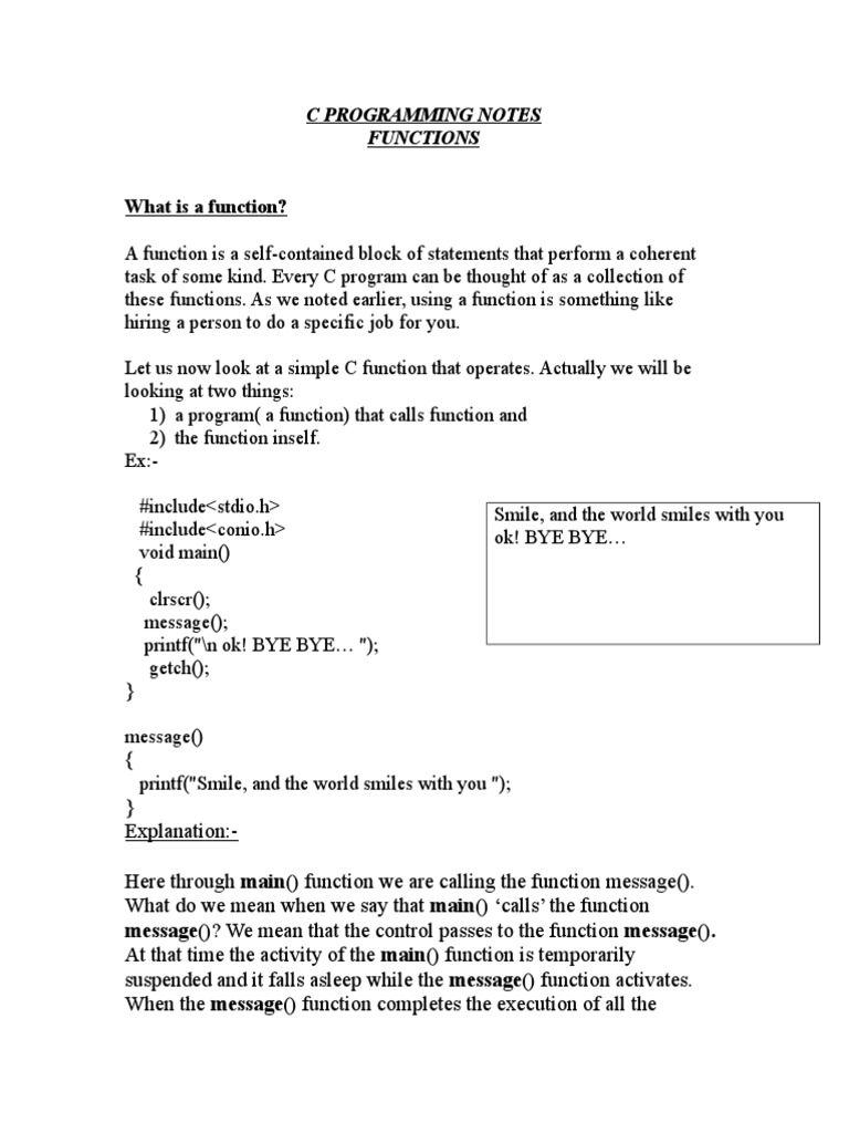 What Is A Function?: C Programming Notes Functions | PDF | Parameter ...