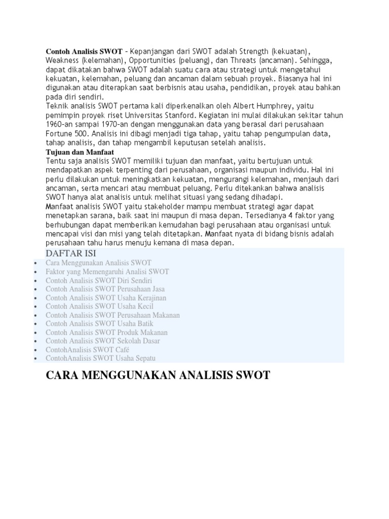Contoh Analisis SWOT untuk Mahasiswa | PDF