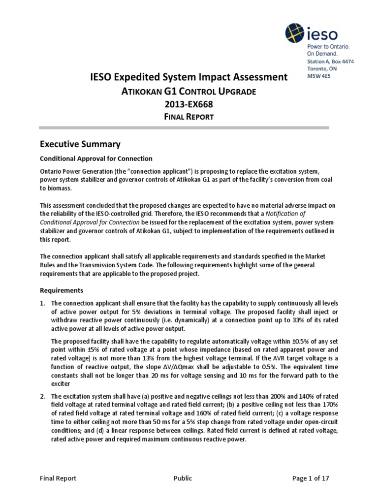 IESO Expedited System Impact Assessment A G1 C U: 2013-EX668 F R Executive Summary | PDF ...