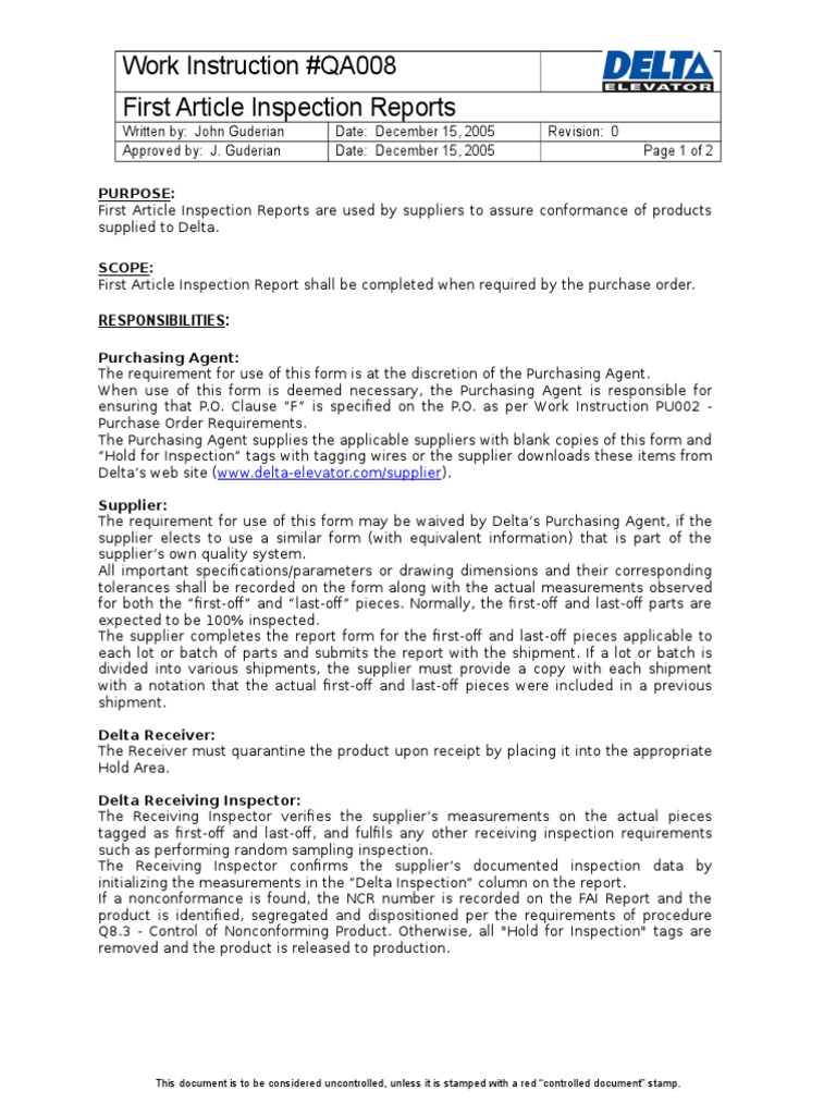 First Article Inspection Report Work Instruction | PDF | Computing ...